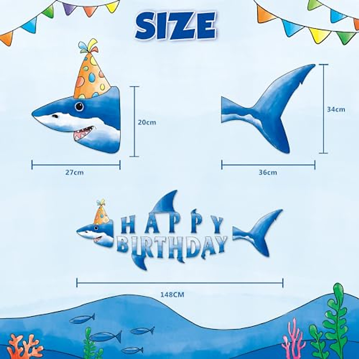 WERNNSAI Shark Happy Birthday Banner - Shark Party Decorations for Kids Boys Pre-strung Shark Birthday Banner Ocean Theme Party Supplies Beach Under The Sea Theme Party Hanging Wall Decor