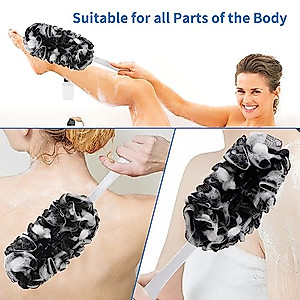 BCKENEY Bath Loofah Sponge Back Brush with Long Handle Extra Large 75g Soft Mesh Shower Poufs for Women & Men - Exfoliator Bathing Accessories (3Pcs 75G XL Charcoal Black)