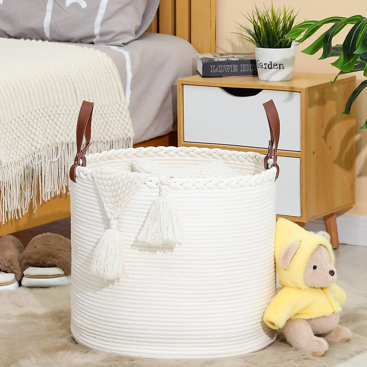 KAKAMAY Large Cotton Rope Blanket Basket (18"x16"),Woven Baby Laundry Hamper，Blanket Basket for Nursery, Laundry, Living Room, Pillows, Toys with Leather Handles （White）