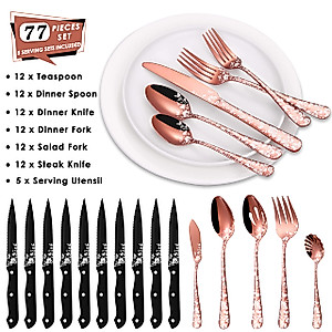 Stapava 77-Piece Rose Gold Silverware Set for 12, Plus Steak Knife & Serving Set, Stainless Steel Flatware Cutlery Set, Mirror Eating Utensils Tableware with Butterfly Flower Laser, Dishwasher Safe
