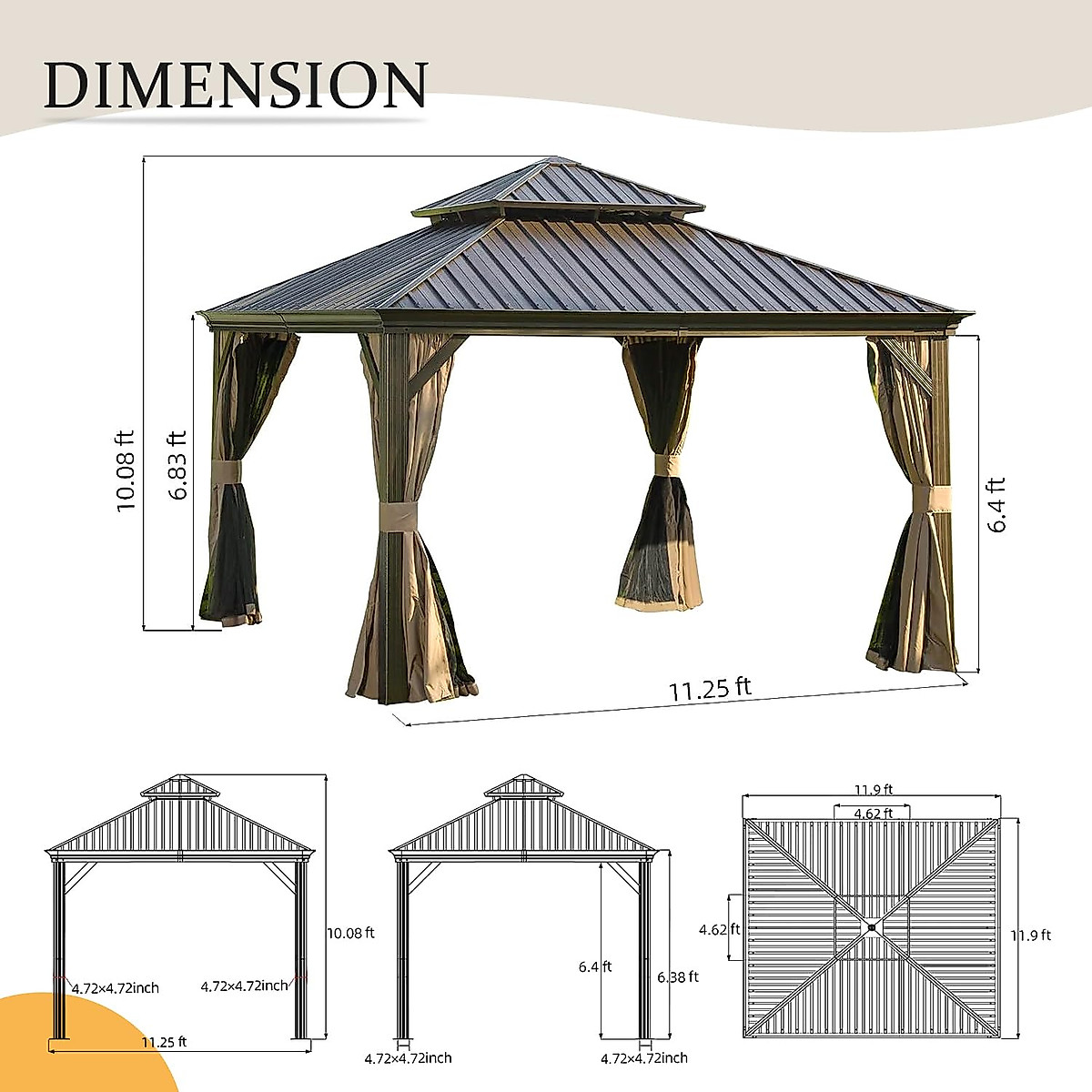 12' x 12' Hardtop Gazebo Outdoor Aluminum Gazebos Grill with Galvanized Steel Double Canopy for Patios Deck Backyard,Curtains&Netting by domi outdoor living