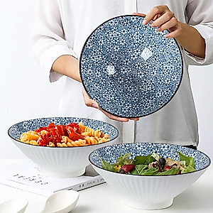 QINLANG 38 oz Japanese Ramen Bowls, Cereal Bowls, Soup Bowls, Pho Bowls, Noodle Bowls, 8 in Blue and White Ceramic Bowls Set of 4, Floral Pattern