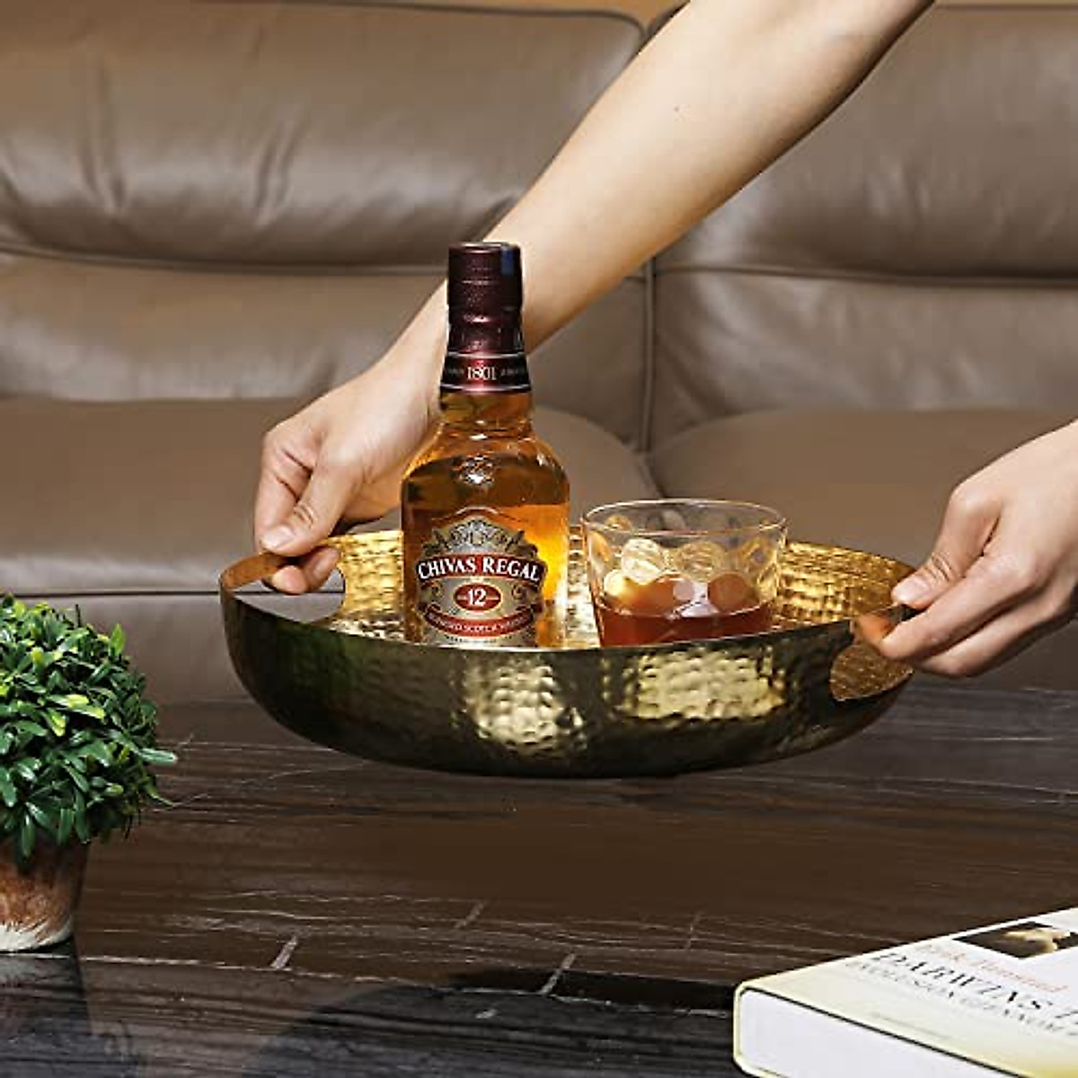 MyGift 12 Inch Round Brass Metal Handcrafted Unique Serving Tray with Hammered Pattern Design and Cut Out Handles, Decorative Coffee Table Tray - Handmade in India