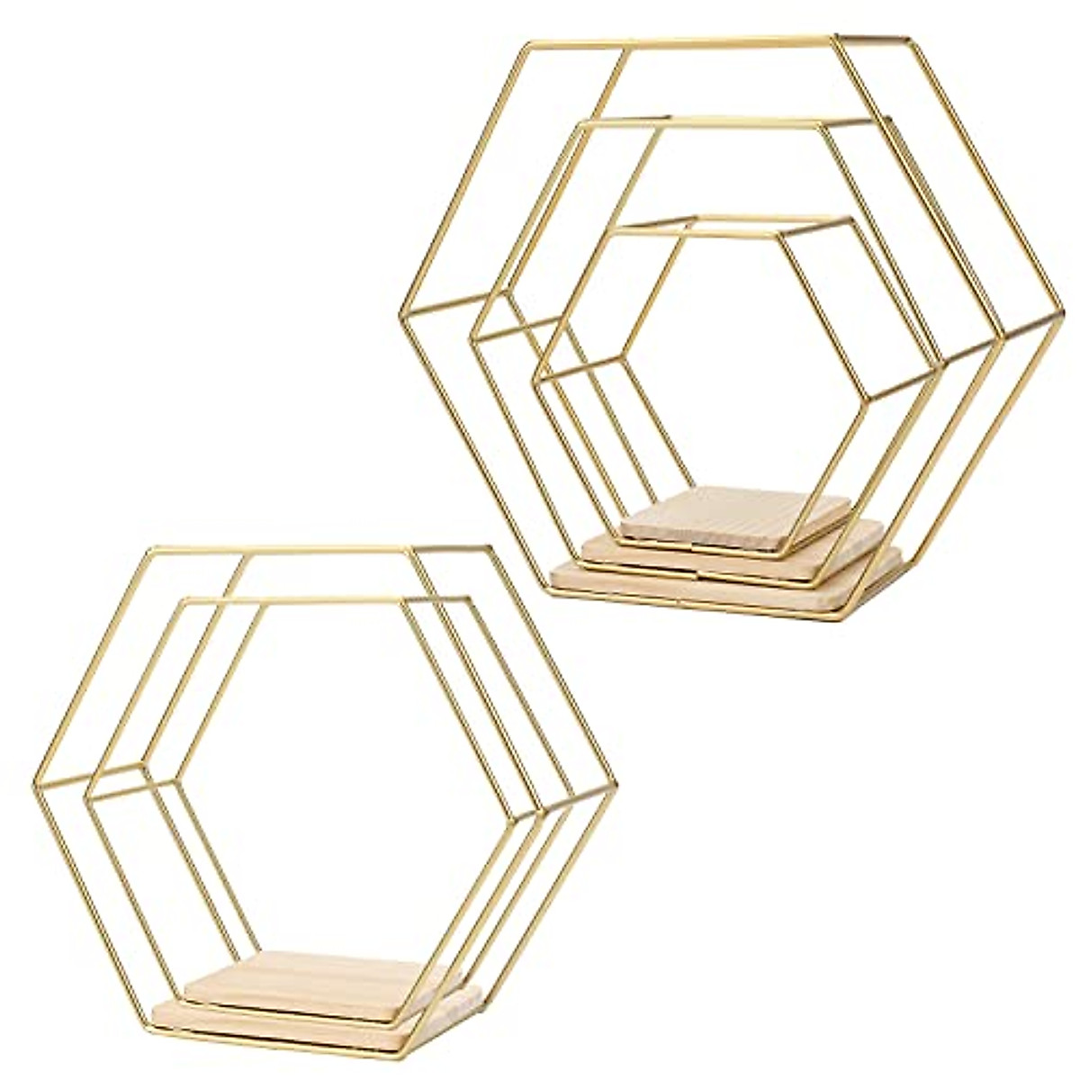 Wall Mounted Hexagonal Floating Shelves Set of 5 in Different Sizes, Modern Metal Wall Shelf, Simple Wood Partition Storage Shelves, Gold Wall Decor Rack for Bedroom, Living Room, Kitchen and Office