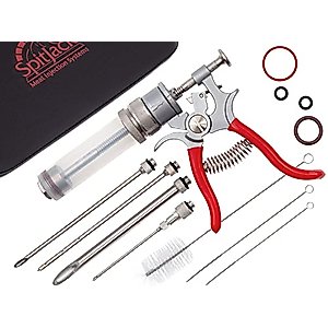 SpitJack Magnum Meat Injector Gun. Food Flavor Injection Syringe for Smoked BBQ Marinades and Meat Seasoning. 4 Needles for Pork Butt, Beef Brisket, Turkey Breast. Deluxe Hard Case. Made in The USA.