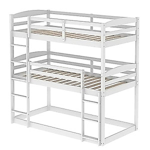RUNWON Twin Over Twin Triple Bunk Bed with Safety Guardrail and Ladder for Kids Teens, No Box Spring Needed