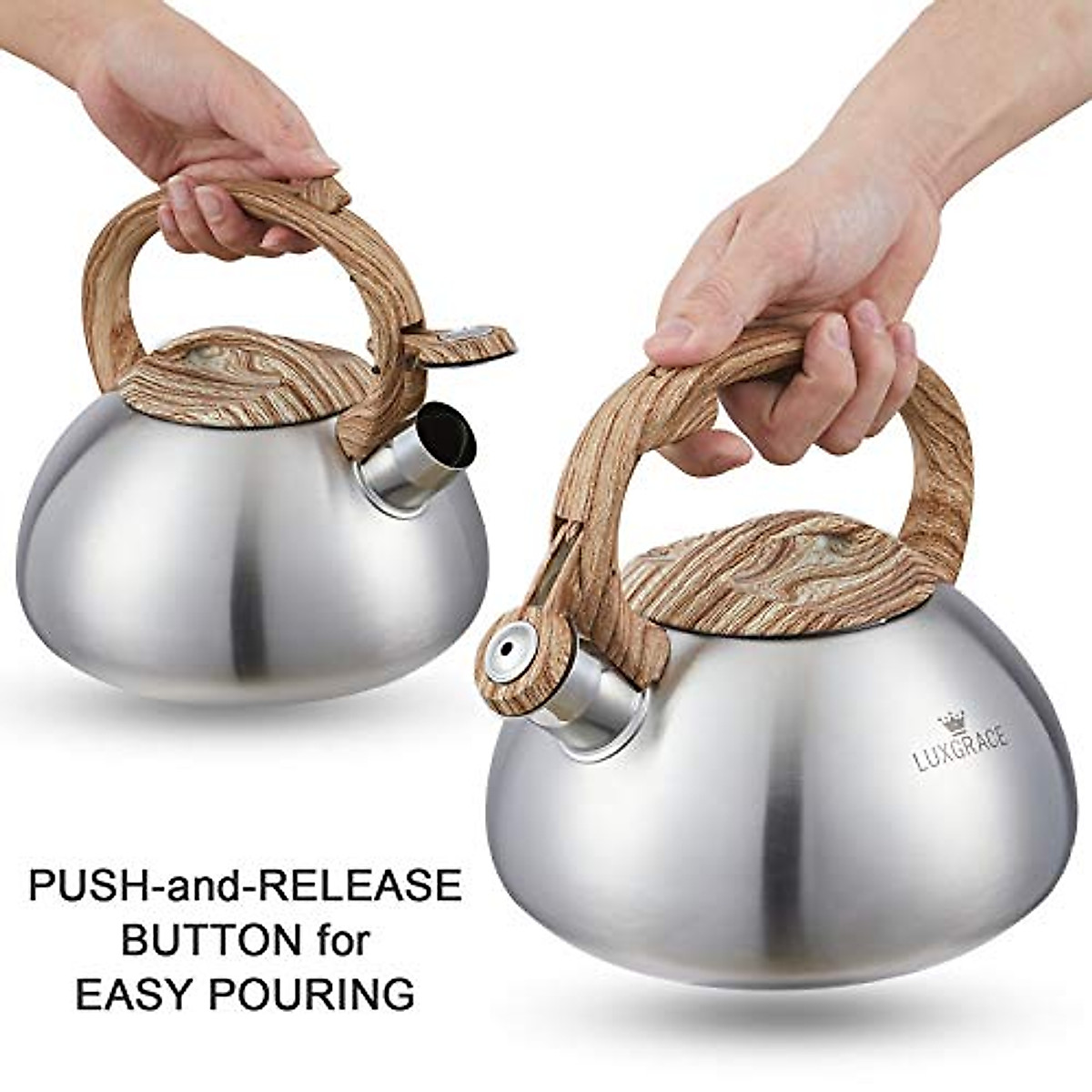 Teapot Whistling Tea Kettle with Wood Pattern Handle Loud Whistle,Food Grade Stainless Steel Tea Pot for Stovetops Water Kettle(Silver-RW)