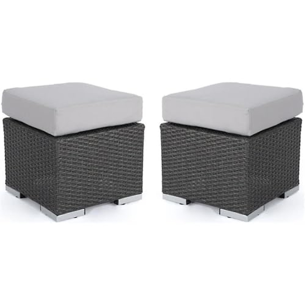 GDFStudio Outdoor 16 Inch Grey Wicker Ottoman Seat with Silver Water Resistant Cushion (Set of 2)