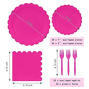 MUNILAIL 96 Pcs Hot Pink Plates and Napkins Party Supplies Serve 24 Guests Including Hot Pink Scalloped Paper Plates and Napkins Plastic Forks for Baby Shower Birthday Party Disposable Dinnerware Set