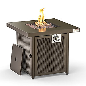 Propane Fire Table, Outdoor Fire Pit Table with Lid and Lava Rock, 28" Large Fireplace with Auto-Ignition 50000 BTU, Gas Fire Pits for Patio Garden Backyard, Brown