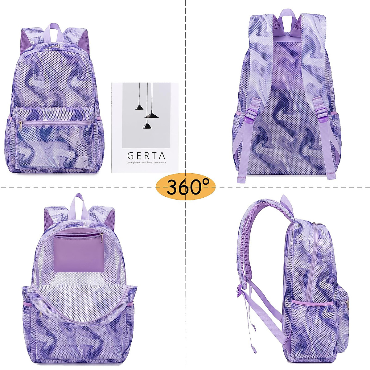 Dafelile Mesh Backpack for Girls Semi-Transparent See Through School Backpack for Teen Girls Large Capacity(Magic Purple Backpack)