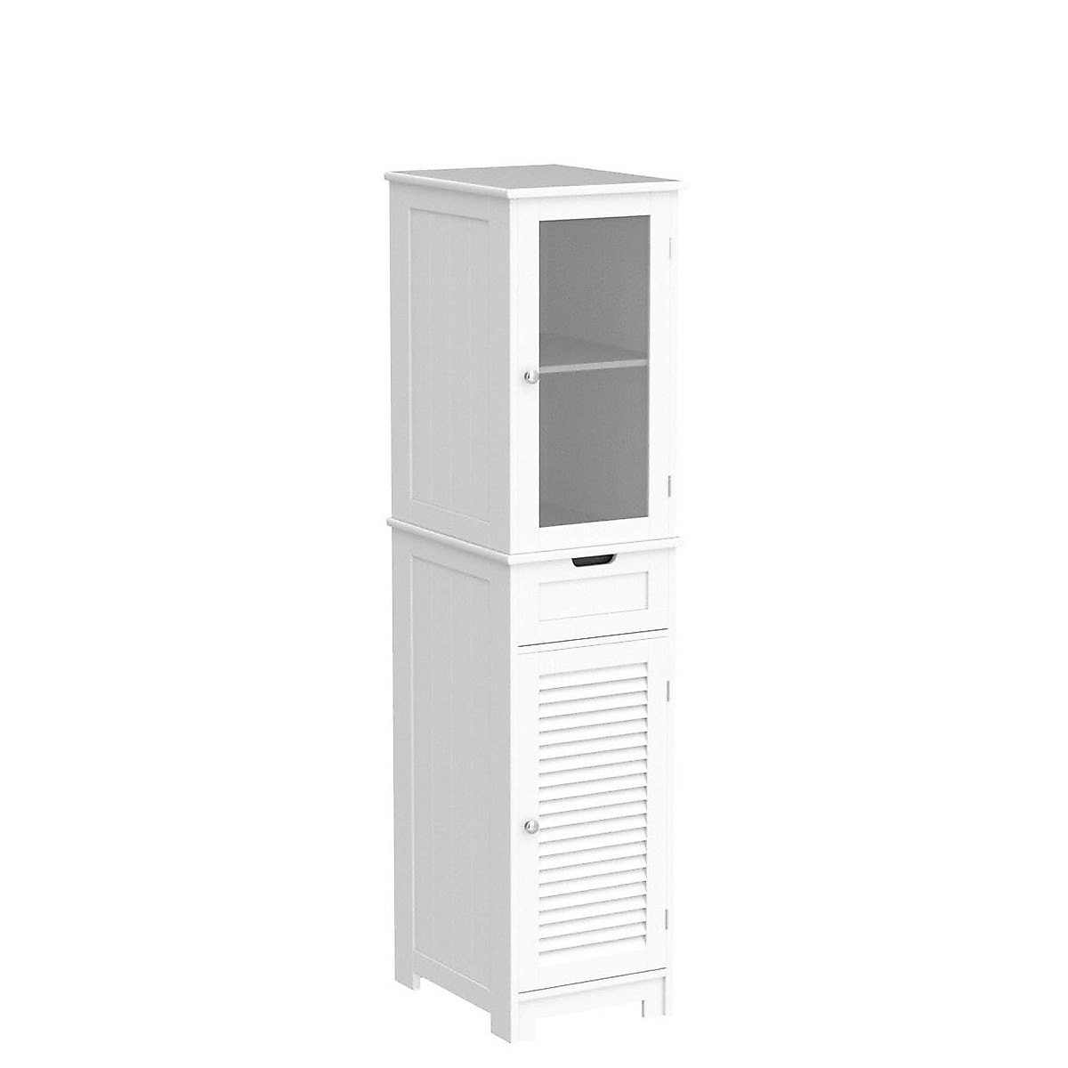 Kazila Bathroom Storage Floor Cabinet, Freestanding Wooden Storage Organizer with Glass Shutter Doors, 16 inchl x 12 inchw x 67 inchh, Ivory White