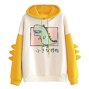 Boxinay Women's Teen Girls Cute Dinosaur Long Sleeve Hoodies Casual Loose Sweaters Hooded Sweatshirts Pullover Tops Shirts Yellow