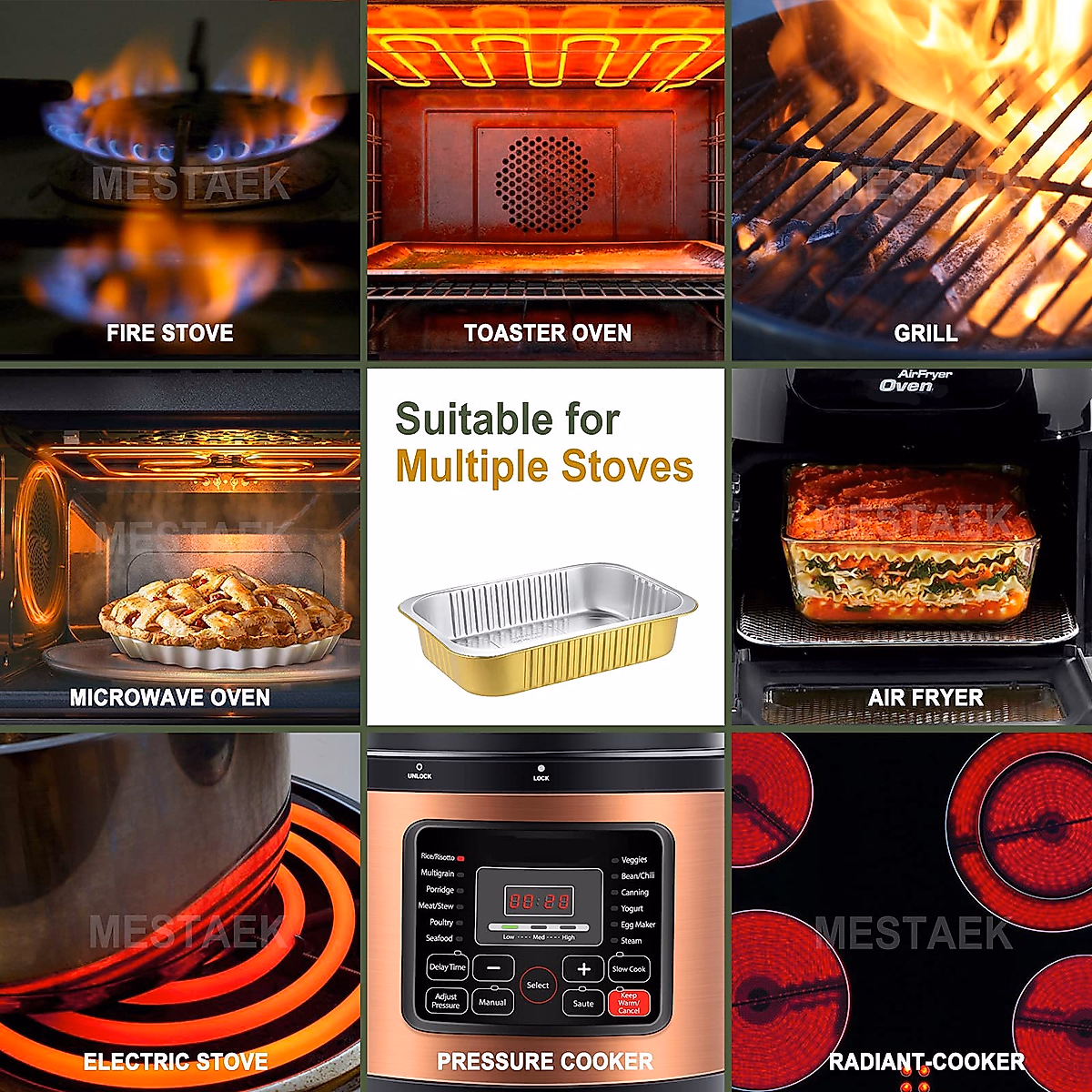 MESTAEK 11"x 8" Sturdy Aluminum Foil Pans + Lids (5 Pack), 2X Thicker Heavy Duty for Oven, Grill, Microwavable Cooking Baking, Reusable Freezable Dishwasherable Disposable Foil Pan Pot Container 74oz