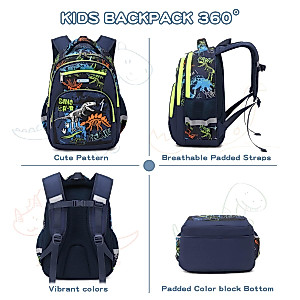 Cusangel Kids Backpack for Boys Elementary Preschool School Bags 16 Inch Dinosaur Backpack Multi Compartment,Sturdy Backpack Age 5-10(Dinosaur Fossil, Glow In The Dark)