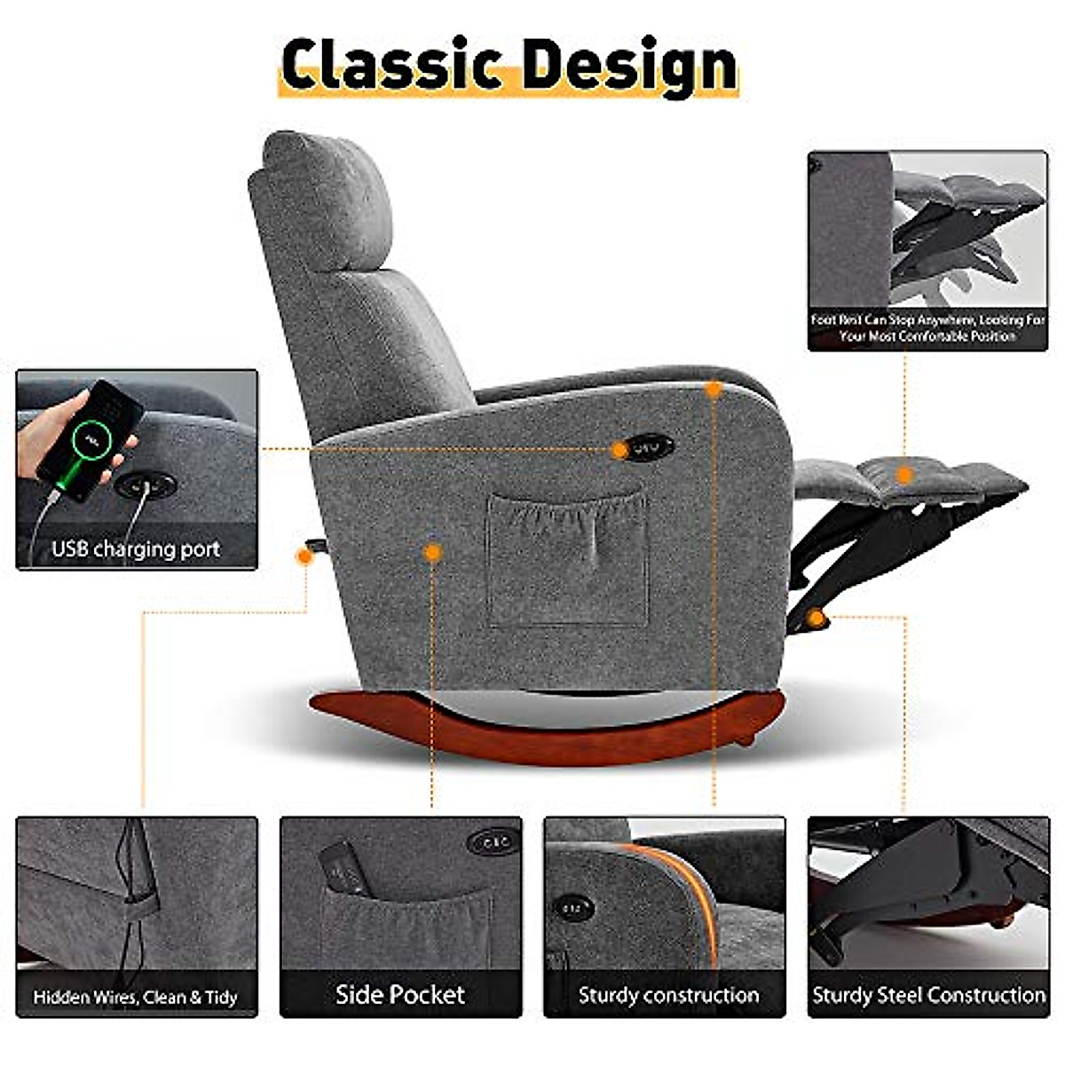 AVAWING Electric Massage Rocking Chair, Rocking Accent Armchair with Heat Function USB Ports, Rocker Fabric Padded Seat Wood Base, Modern High Back Armchair with Footrest Remote Control for Home,Grey