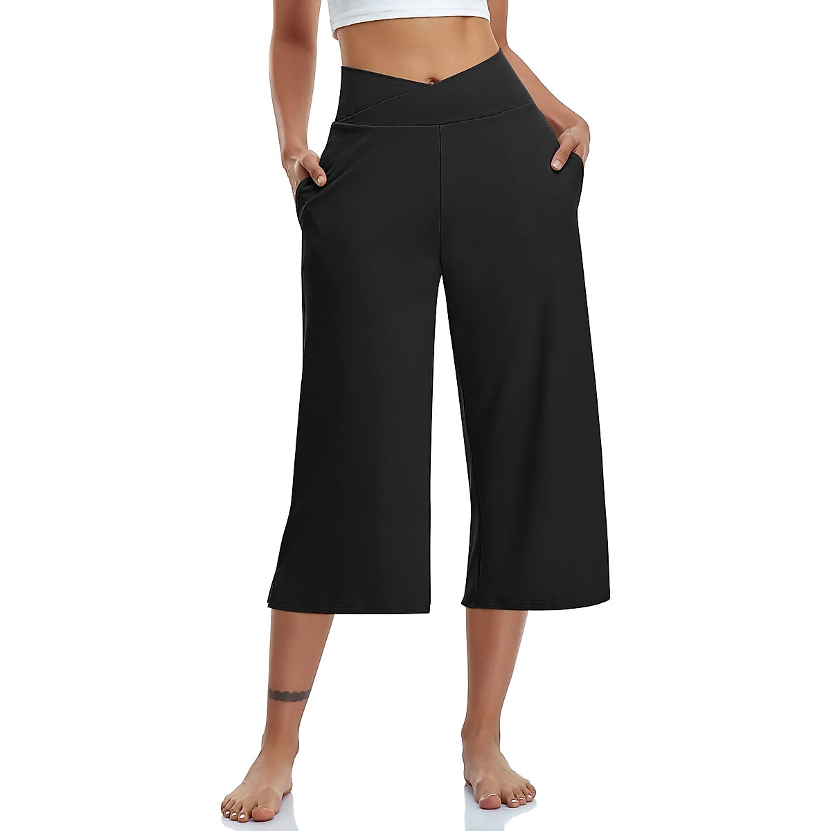 TARSE Womens Casual Wide Leg Yoga Capris Plus Size Crossover High Waist Capri Pants Loose Soft Pajama Pockets Sweatpants(Black,XXXL 3XL)