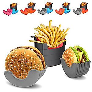 2 Burger Holder & French Fry Holder Pack - Car Essentials Pack food storage - Flexible Silicone Bowls for Holding Hamburgers - Reusable hamburger holder - Road Trip Essentials & Car Accessories