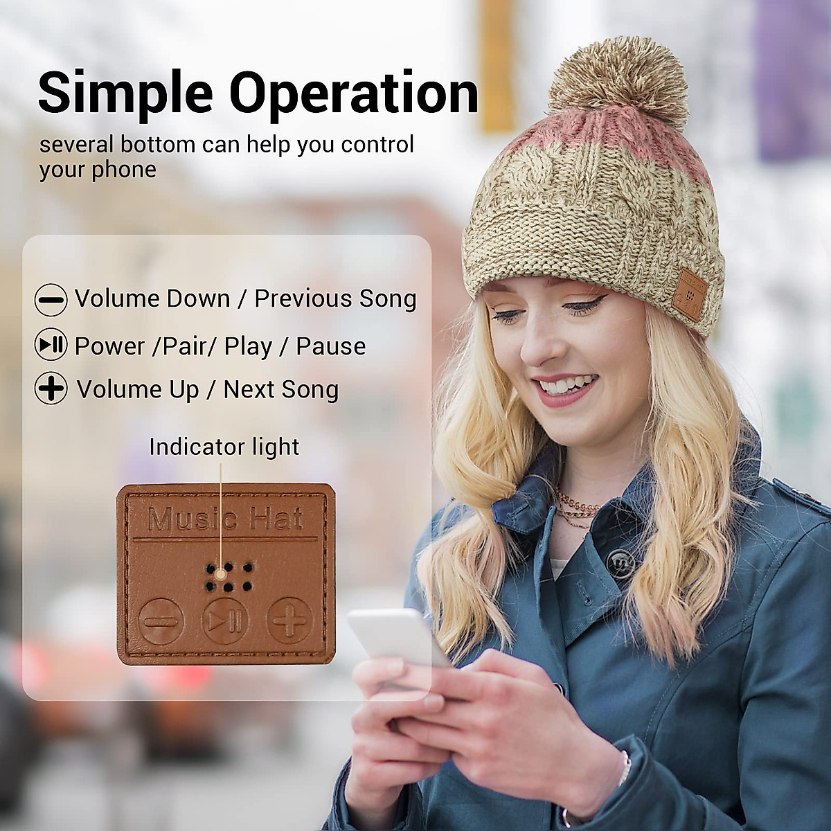 Bluetooth Beanie for Women, Wireless Knit Winter Cap, Built in Microphone and HD Stereo Speakers, Beanie Hat with Headphones for Outdoor Homes and Gifts (Khaki & Pink)