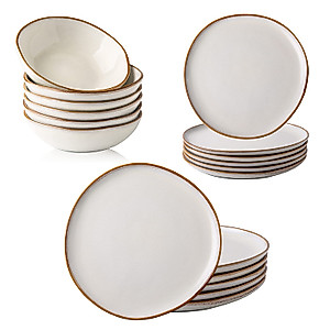 AmorArc Ceramic Dinnerware set, Service for 6 (18pcs), Stoneware Plates and Bowls Set,Highly Chip and Crack Resistant | Dishwasher & Microwave Safe,Ivory-Rustic Style