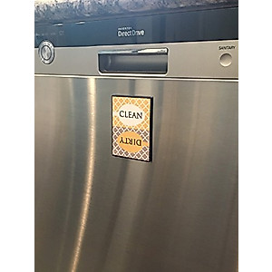 Clean Dirty Dishwasher Magnet Sign - Modern Elegant Moroccan Trellis Pattern - Yellow Gold Grey - 2.5 x 3.5 - Housewarming, Gag Gift Idea for Mom Dad/Christmas Stocking Stuffers for Women Men Teens