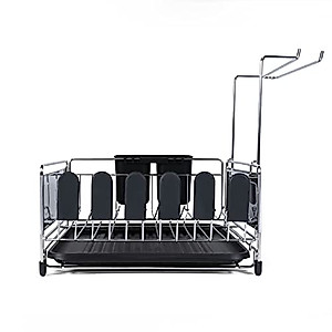 happimess DSH1000A Compact 17.25" Fingerprint-Proof Stainless Steel Dish Drying Rack, Dish Rack with Wine Glass Holder, Utensil Holder, Stainless Steel/Black, Silver/Black
