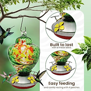 Hummingbird Feeder for Hanging Outside - Stunning Hand Paint Blown Glass - All Weather Guard and Ant and Bee Proof - New Modern Perky Sealer for No Leak Parts - Free Extra Accessories (Emerald Green)