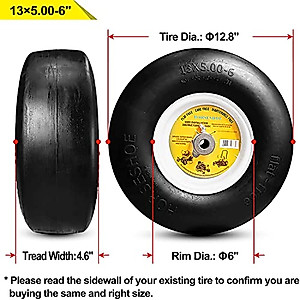 HORSESHOE New Commercial Solid 13x5.00-6 Flat Free Smooth Tire on Steel Wheel for Riding Lawn Mower (Deck 36"-68") Garden Tractor - Center hub 3.25"-5.9" - Bore ID 5/8" 135006 (2)