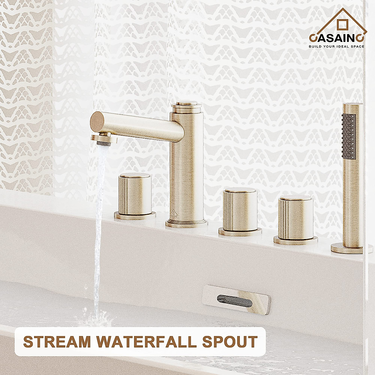 CASAINC Bathtub Faucet Set, Roman Tub Faucet with Hand Shower 5 Hole, Bathtub Faucet Set with Deck Mount Tub Faucet with Sprayer Single Handle (Brushed Gold)