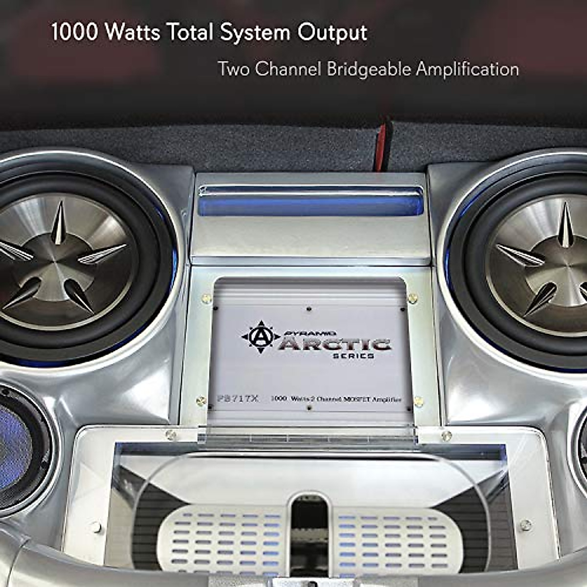 Pyramid 2 Channel Car Stereo Amplifier - 1000W Dual Channel Bridgeable High Power MOSFET Audio Sound Auto Small Speaker Amp Box w/ Crossover, Variable Gain Control, RCA IN/OUT, LED Indicators PB717X