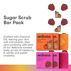 ANIHANA Sugar Scrub Soap Bars 4 Pack with Coconut Oil, Moisturizing, Exfoliating Body Scrub, Refreshing Raspberry Vanilla and Peach Smoothie Scents 3.6 Oz each