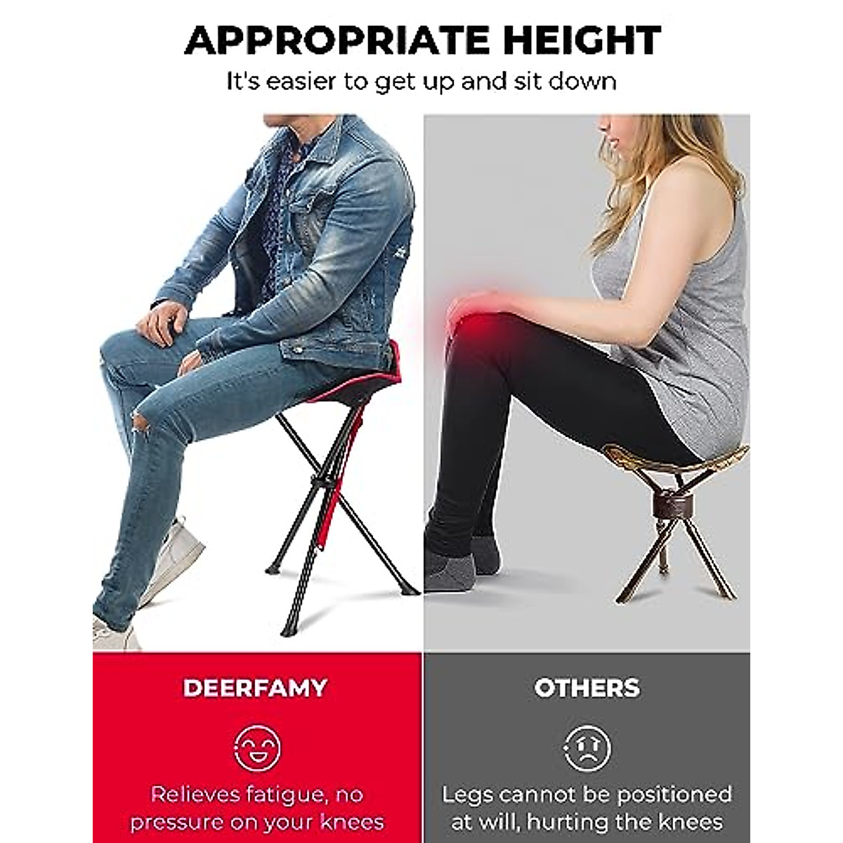 DEERFAMY Folding Camping Tripod Stools, Portable 3 Legs Tall Slacker Chair Tripod Seat for Outdoor Hiking Hunting Fishing Picnic Travel Beach BBQ Garden Lawn with Storage Bag, Red