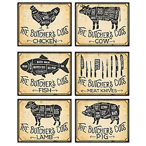 The Butcher's Cut Set of 6-8x10 Unframed Gallery Wall Art Prints - Makes Great Meat Shop and Kitchen Decor Under $20