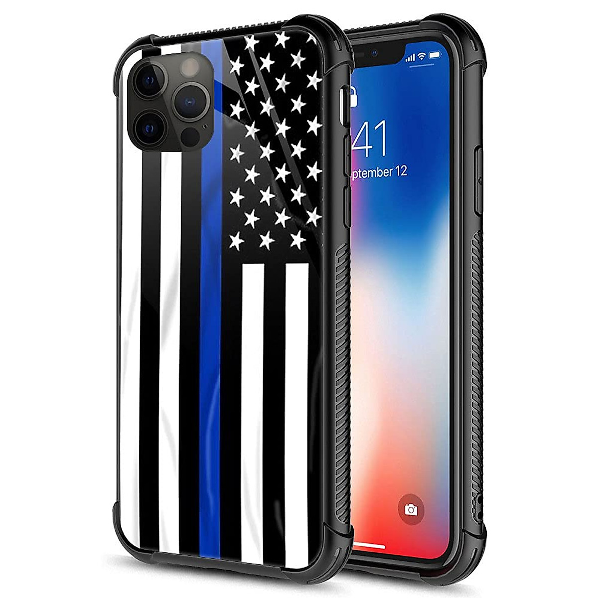 ZHEGAILIAN Case for iPhone 13 Mini - American Flag Blue Line, Tempered Glass Back & Soft Silicone TPU Shock Protective Case