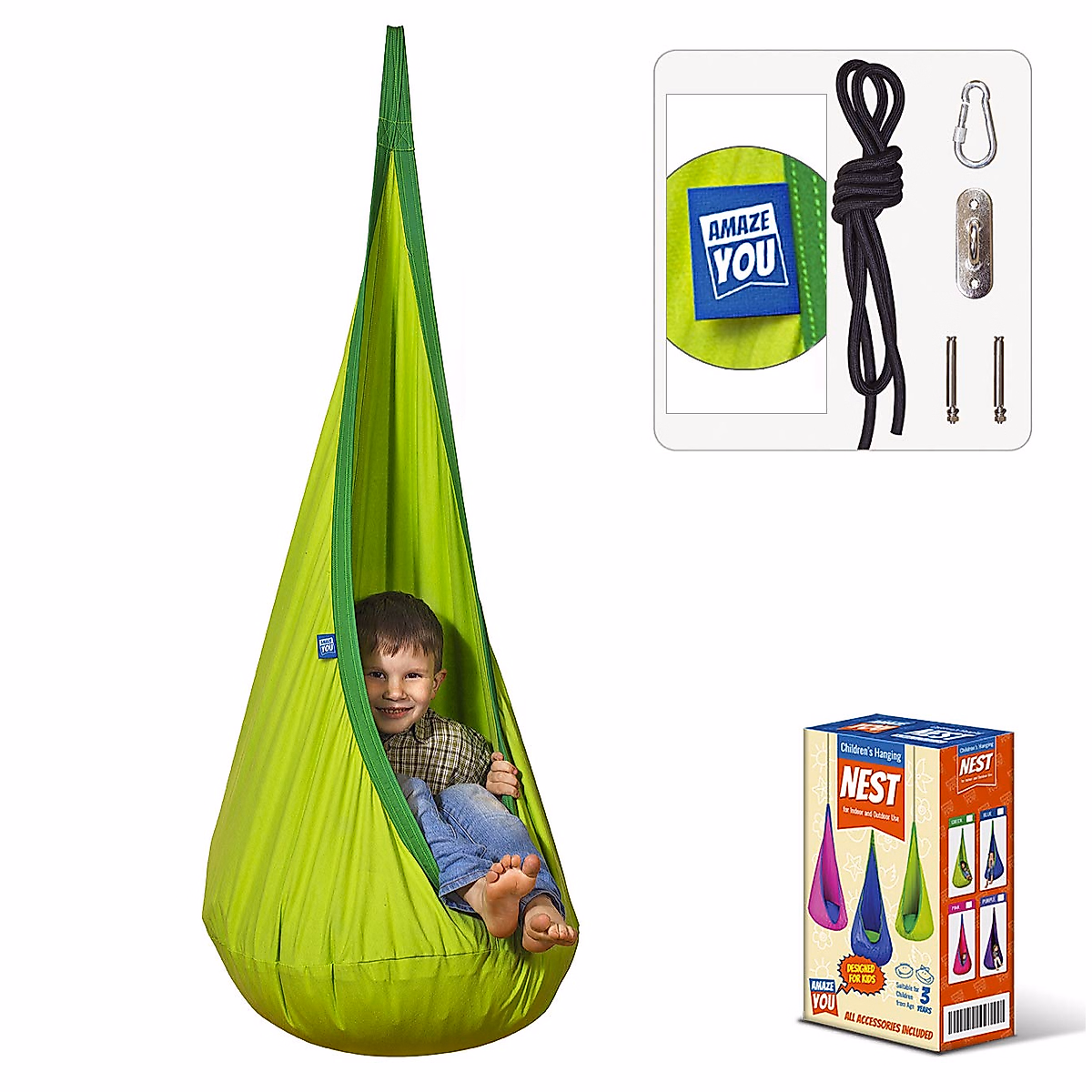 AMAZEYOU Kids Swing Hammock Pod Chair - Child's Rope Hanging Sensory Seat Nest Indoor Outdoor Use Inflatable Pillow - Great Children, All Accessories Included (Green)