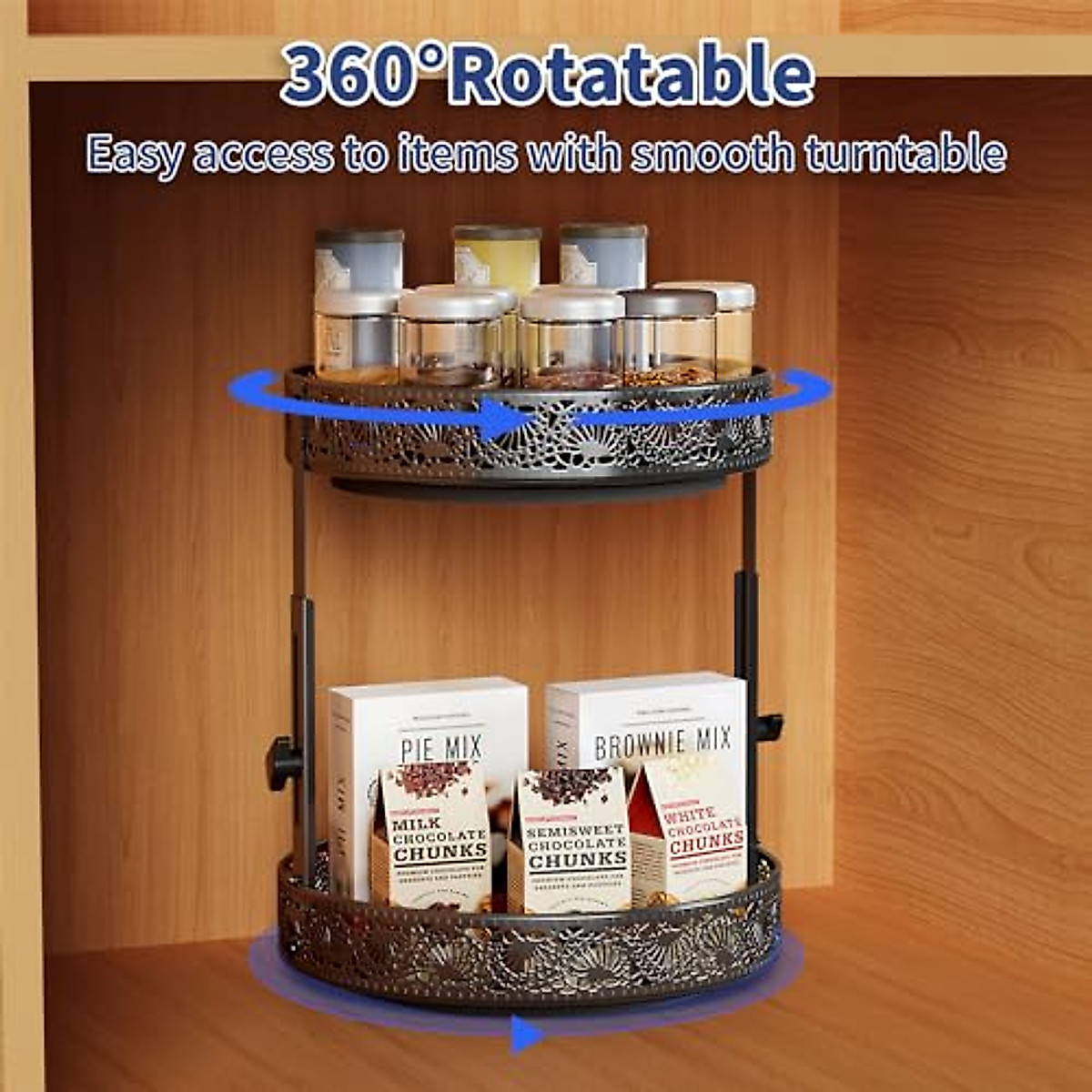 2 Tier Lazy Susan Organizer, 2 Pack 11&12 Inch Lazy Susan Turntable for Cabinet Table, MESHDO Height Adjustable Cabinet Organizer Spice Rack with Non-Slip Pad for Kitchen Bathroom Pantry(Metal, Black)