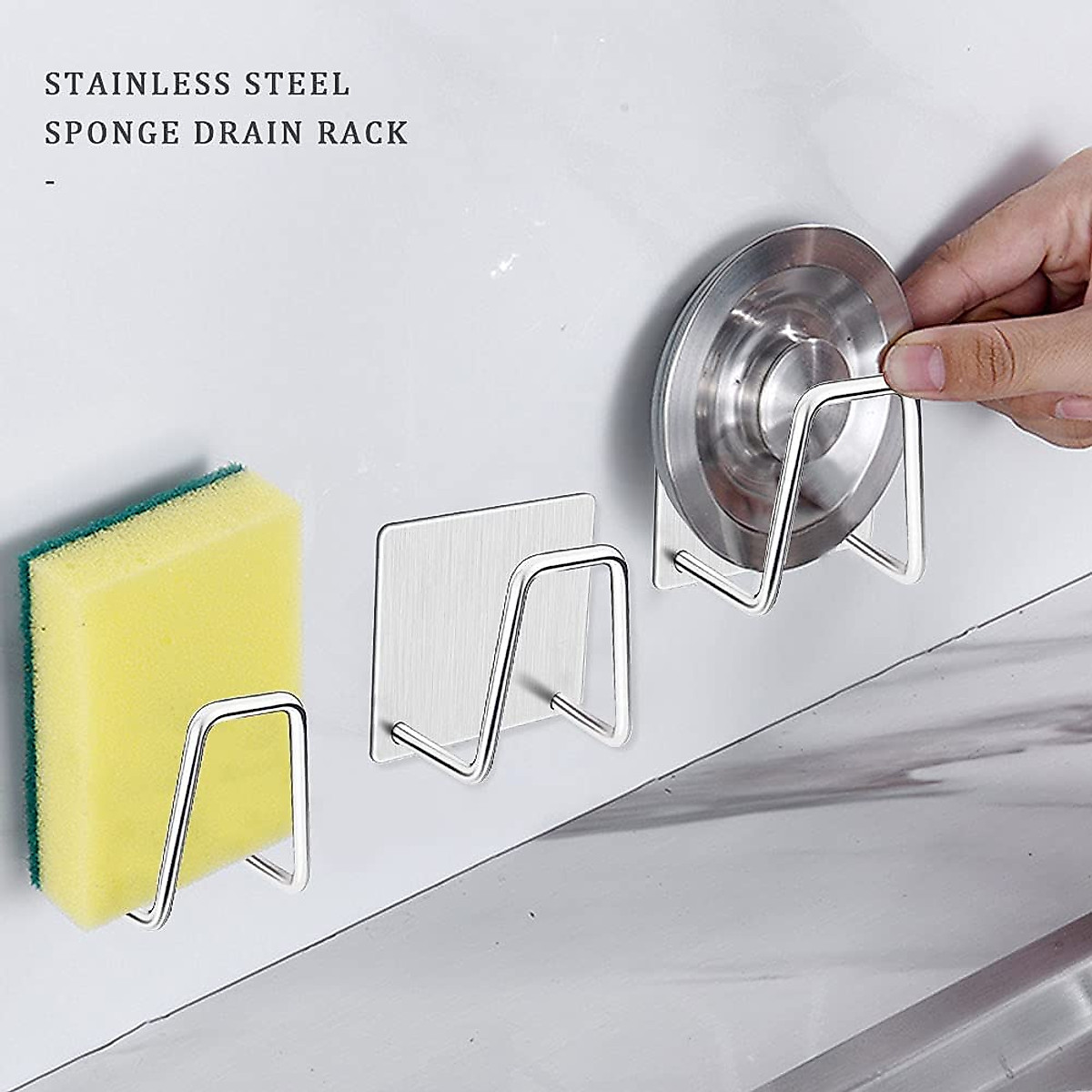 Prudiut 2 PCS Adhesive Sponge Holder for Kitchen Sink, Stainless Steel Sponge Holder Sink Caddy Waterproof Kitchen Sink Sponge Holder Quick Drying Sponge Holder for Kitchen Accessories