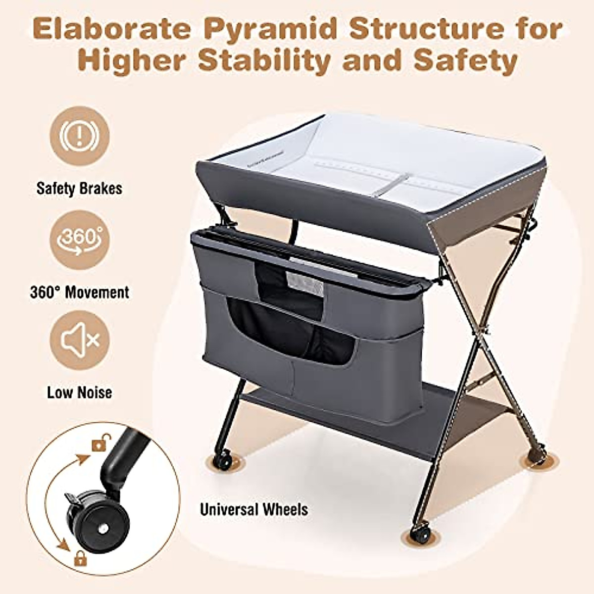 HONEY JOY Changing Table, Folding Mobile Nursery Organizer w/Wheels, Adjustable Height, Storage Bag & Open Shelf, Portable Diaper Changing Station for Newborn (Gray, 31.5"x26"x40")