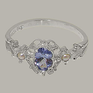 LetsBuyGold 10k White Gold Natural Tanzanite & Cultured Pearl Womens Statement Ring - Size 9.25