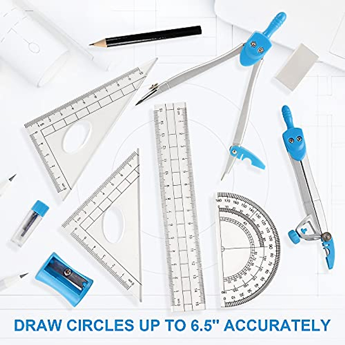 Geometry Kit, ZOOZE 10-Piece Math Tool Kit with Compasses, Protractor, Pencil, Eraser, Sharpener, Set Square, Triangle, 6” Ruler, Lead Refills, Storage Box