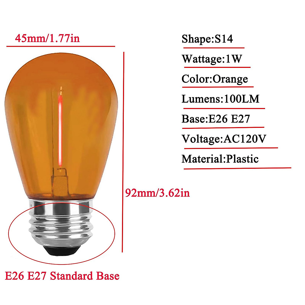 LRSUEYSKIN 15 Pack Orange LED Bulb S14 LED Relacement Bulbs 1W Shatterproof S14 Outdoor Indoor String Replacement Light Bulb Waterproof Plastic E26 Base for Wedding Garden Party Yard(Orange)
