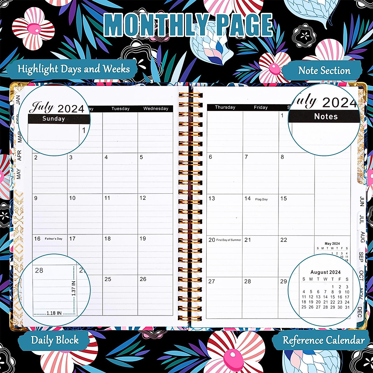 2024 Daily Planner with Stickers - 8.66"×6.2" January 2024 - December 2024 Happy Planners with Tabs, Twin Wire Spiral Binding Thick Paper Weekly and Monthly Academic Agenda Daily Notebook Pattern L