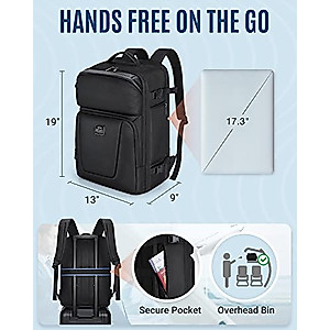 LIGHT FLIGHT Mens Travel Backpack, 36.5L Airline Approved 17.3 inch Laptop Backpack for Weekend Trip, Water-resistant Weekender Backpack for Business, Black