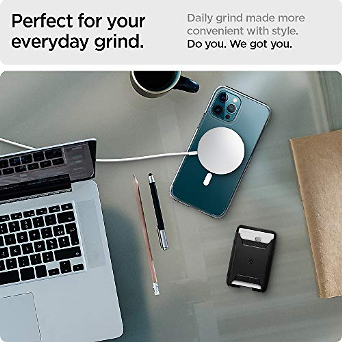 Spigen (MagFit Rugged Armor Magnetic Wallet Card Holder Designed for MagSafe Compatible with iPhone 14, iPhone 13, iPhone 12 Models - Matte Black