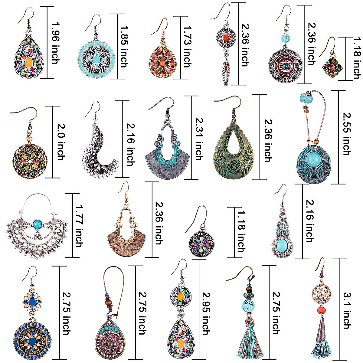 Duufin 20 Pairs Bohemian Vintage Drop Dangle Earrings Boho Earrings Set Statement Earrings National Style Alloy Long Boho Dangle Earrings for Women
