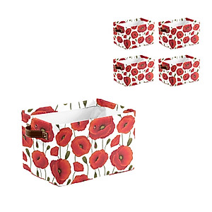 Red Poppy Flower Storage Bin Box with Handle Collapsible Closet Organizer Basket for Clothes Pets Toy Nursery