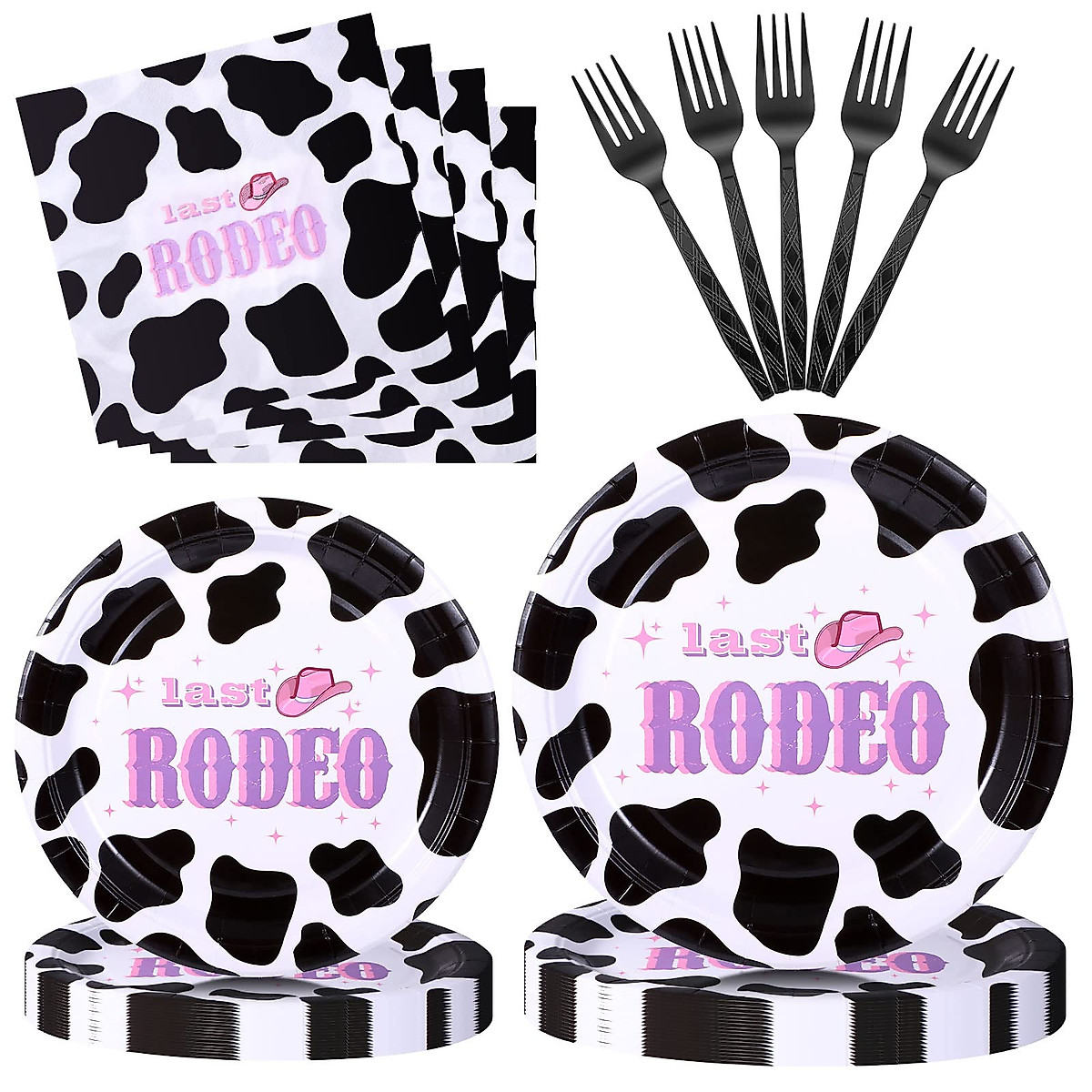 72 Pcs Cow Print Party Tableware Supplies Last Rodeo Girl Bachelorette Party Tableware Set Include Cowgirl Print Plate Napkin Fork for Baby Shower Farm Animal Cow Theme Party Decoration Serve 16 Guest