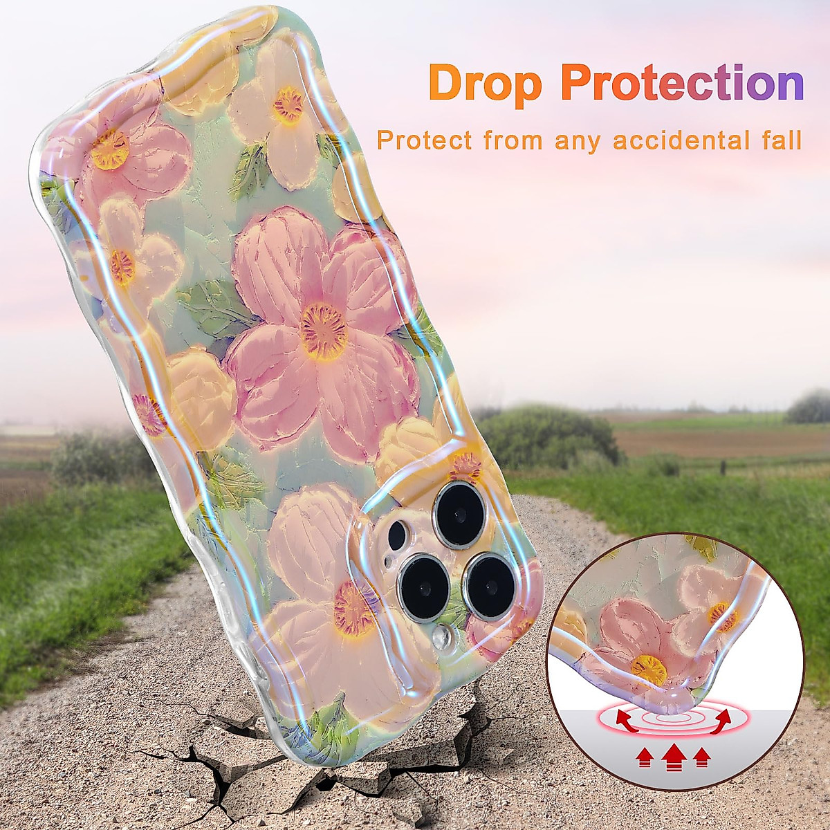 EYZUTAK Case for iPhone 14 Pro Max, Colorful Retro Oil Painting Printed Flower Laser Glossy Pattern Cute Curly Wave Edge Exquisite Stylish Durable TPU Protective Phone Cover for Girls Women-Green