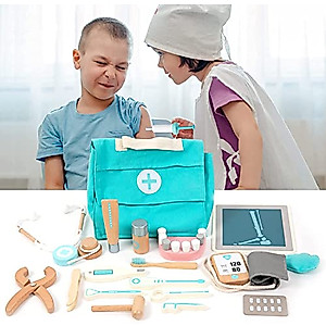 Wooden Doctor Kit for Kids, Pretend Toy 18 PCS Doctor Playset for Toddlers, Montessori Toys Dentist Kit for 3, 4 and 5 Year Old Boys and Girls, 2 Year Old Toys