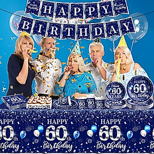 142 Pcs 60th Birthday Tableware Set Decorations Sliver and Blue 60th Happy Birthday Party Supplies for Men Women Birthday Tablecloth,Plates, Napkins, Cups,Forks and Knives